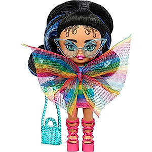 Barbie Extra Mini Minis with Blue-Streaked Black Ponytail Wearing Rainbow Dress & Accessories & Stand, 3.25-inch