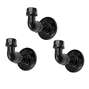 MINCORD 3Pcs Industrial Pipe Decor Coat Hook Racks - Heavy Duty Iron DIY Wall Mounted Rustic Clothes Towel Holder Hanger with Hardware for Bathroom, Home, Office - Electroplated Black Finish