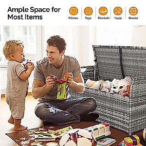 VINGLI 40 Gallon Outdoor Storage Bench with Cushion, Rattan Storage Box, Patio Wicker Deck Box with Seat for Garden | Balcony | Porch | Pool | Yard (Grey Frame + Light Grey Cushion)