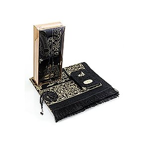 ihvan online Taffeta Fabric Muslim Prayer Rug & Velvet Covered Yaseen Surah Pocket-Size Book & Crystal Prayer Beads Set with Kraft Boxed, Perfect Islamic Ramadan Eid Gifts, Black