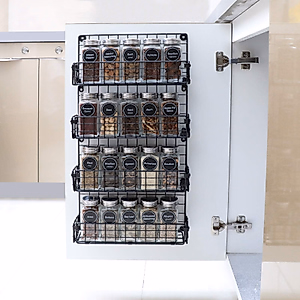 Spice Rack for Cabinet Wall Mounted, 4-Tier Stackable Hanging Spice Organizer for Jars and Seasoning Storage, Great for Kitchen Pantry Door, Black Iron Wire