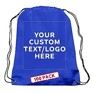 DISCOUNT PROMOS Custom Non-Woven Drawstring Backpacks Set of 100, Personalized Bulk Pack - Bring Everywhere You Go, Great for Travelling, Gym and for Everyday Use - Blue