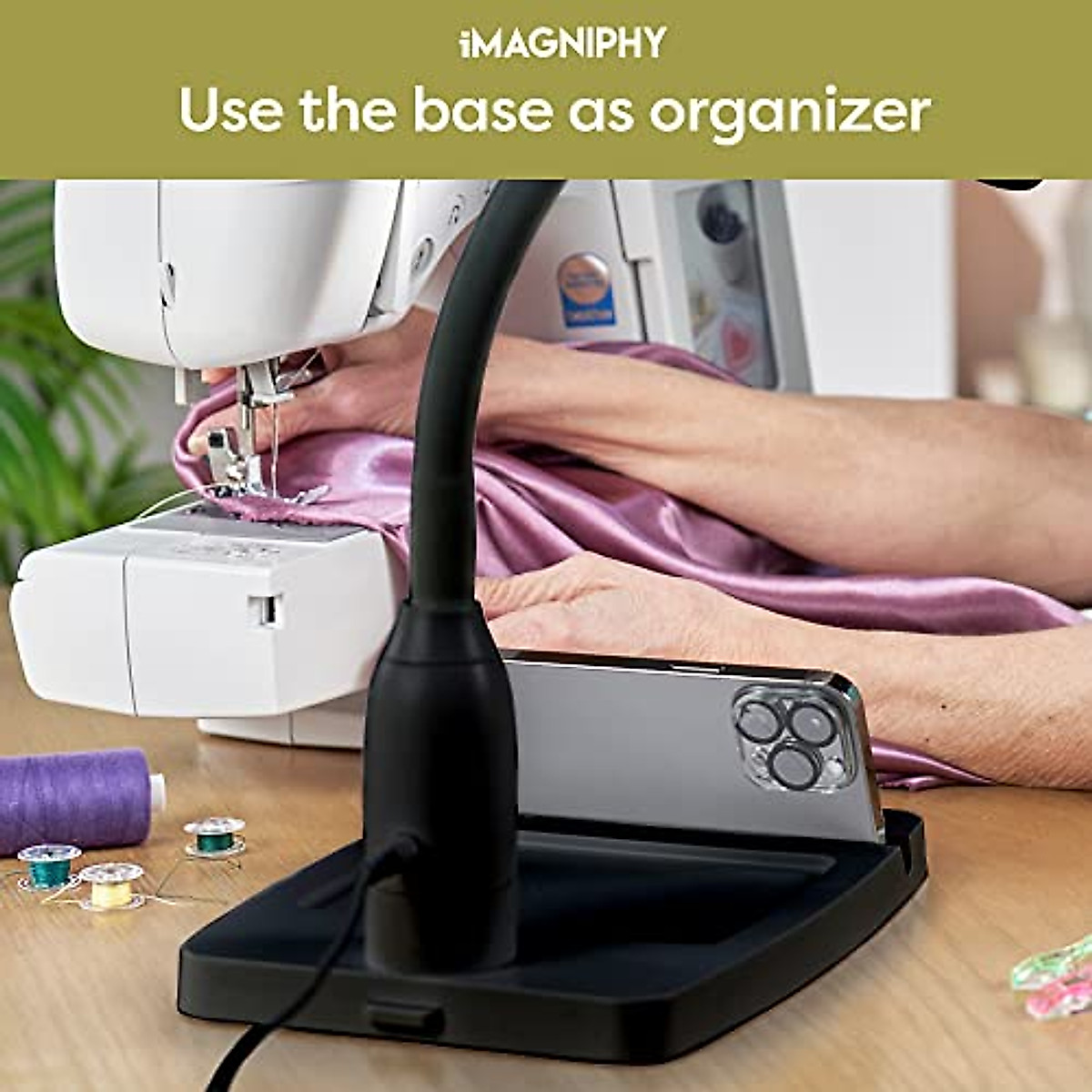 iMagniphy 8X Desk Magnifying Light - White or Black - Magnifying Lamp for Reading, Crafts - Desk Magnifying Glass with Light and Stand, 6 LEDs, Base