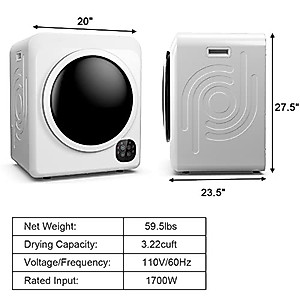 Julimoon 1700W Portable Laundry Dryer, 13.2 lbs Capacity Tumble Dryer with Stainless Steel Tub, Control Panel, Compact Clothes Dryer for Apartments, Home, Dorm, White