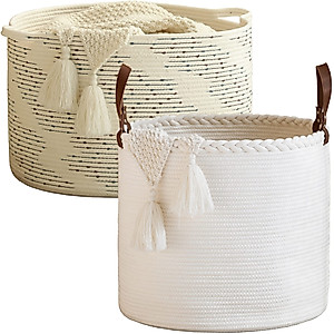 KAKAMAY Large Cotton Rope Blanket Basket (18"x16"),Woven Baby Laundry Hamper，Blanket Basket for Nursery, Laundry, Living Room, Pillows, Toys with Leather Handles （White）