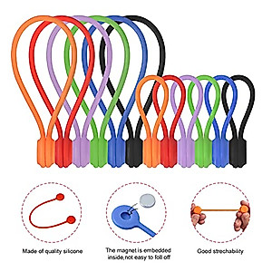 Magnetic Cable Ties,Snap on Magnetic Cord Ties, Reusable Silicone Twist Ties for Bundling and Organizing Cable & Cord.Holding Stuff, Fridge Magnets. Can Be Used in Many Ways (6 Colors - 12 Pack)