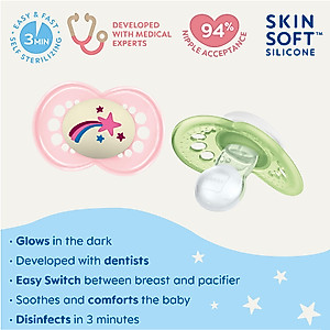 MAM Night Pacifiers (2 Count), MAM Pacifiers 6+ Months, Best Pacifier for Breastfed Babies, Glow in the Dark Pacifier, Baby Girl Pacifier (Design may vary), 6-16 (Pack of 2)