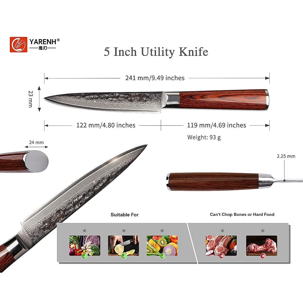 YARENH Kitchen Knife,Fruit Knife 5 inch,Damascus Steel Blade,High Carbon,67 Layers,Full Tang,Kitchen Utility Knife for Professional Chef,Pakka Wood Handle,Gift Box Packaging, HYZ-Series