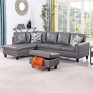 NOTOP 3-Piece Faux Leather L-Shaped Sectional Sofas, Button Tufted Upholstered Couch Set with Left Chaise Longue and Storage Ottoman, for Living Room, Home, Office, Dark Grey