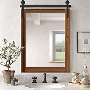 YOSHOOT Wood Barn Door Mirror, 32"x24" Rustic Bathroom Mirror, Farmhouse Wall Mirror, Wooden Mirror for Living Room Bedroom Entryway Wall Décor, Vertical Hanging ONLY