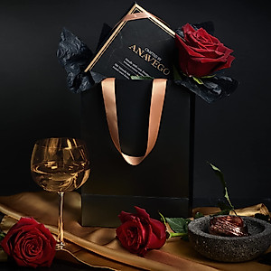 Anavego 6 First-Class Black Gift Bags with Metallic Markers for Personalization & Tissue Paper. Medium Size 8x10″. Matte & Sturdy. Handles from Gold Satin. Birthday Bags Set for Women & Men