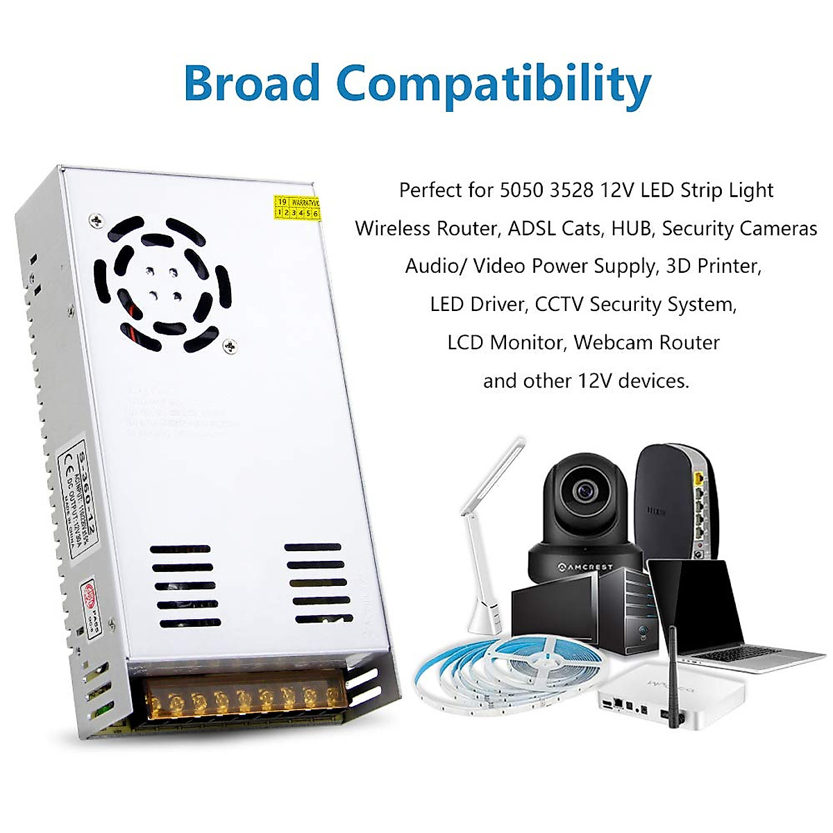 SHNITPWR 12V Power Supply 30A 360W AC to DC Adapter 12 Volt 30 Amp Switching Power Converter Transformer LED Driver 110V 240V AC in for LED Light Strip 3D Printer CCTV Security System LCD Monitor