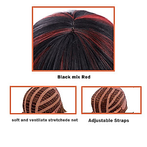 MeCamping Short Curly Wig with Bangs Synthetic Long Hair Wavy Red Mixed Black Wigs Party Cosplay Costume Halloween Wig Resistant Fiber Hair for Women Girls, 24 Inch (Pack of 1), Red mixed with black