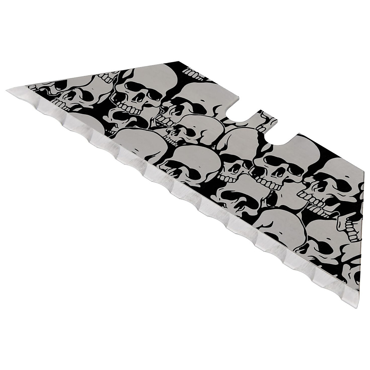 NDZ Performance Serrated Steel Blade Replacement for Utility Knife & Box Cutters, Custom Double Sided Laser Engraved Designs, Silver - Skull - 1 Pack