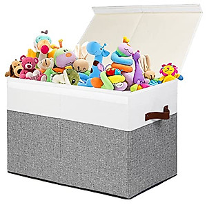 Large Toy Storage Box with Lid, Sturdy Toys Storage Chest Bin Organizer Basket with Dividers for Kids, Boys, Girls, Nursery, Closet, Bedroom, Playroom 25"x13" x16" (Grey and White)