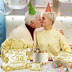 50th Anniversary Paper Gift Bag, White Gold 50th Anniversary Party Gift Bag with Tissue Papers Card 50th Wedding Anniversary Paper Gift Wrapping Bag 50th Golden Wedding Anniversary Christmas Decor