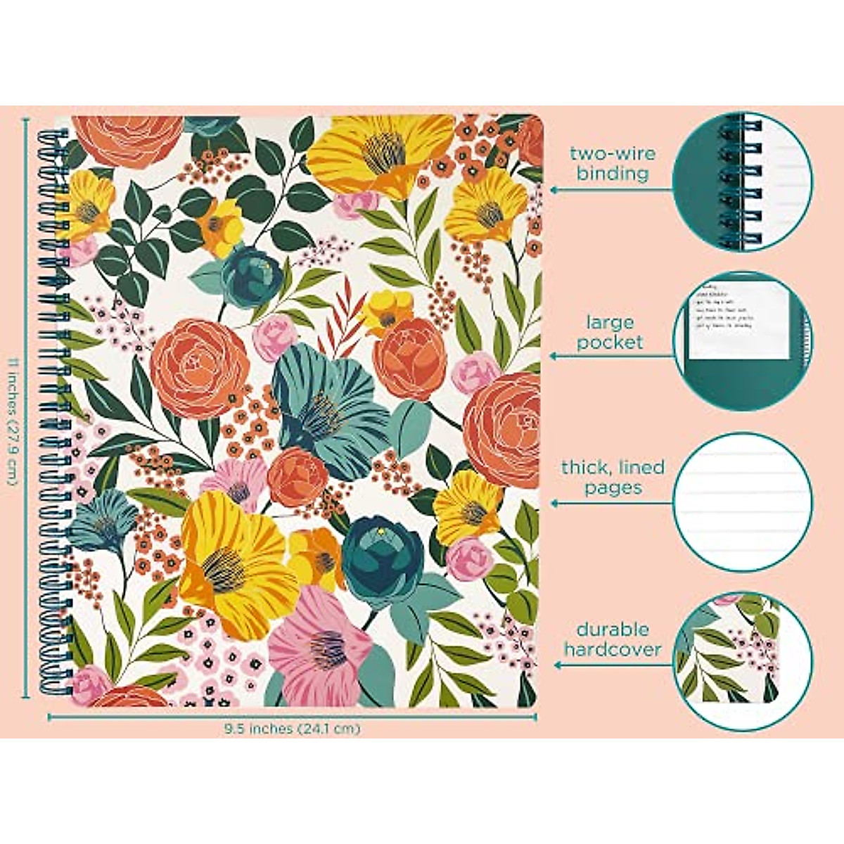 Steel Mill & Co Cute Large Spiral Notebook College Ruled, 11" x 9.5" with Durable Hardcover and 160 Lined Pages, Garden Blooms (Cream)
