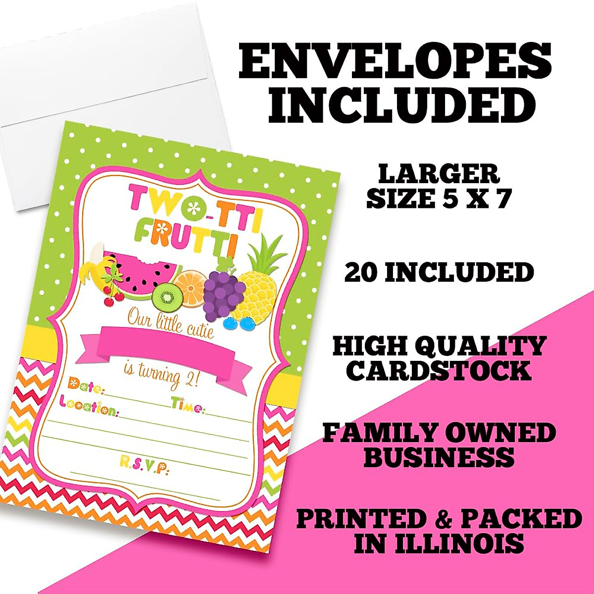 Tutti-Frutti Sweet and Juicy 2nd Birthday Party Invitations, 20 5x7 Fill In Cards with Twenty White Envelopes by AmandaCreation