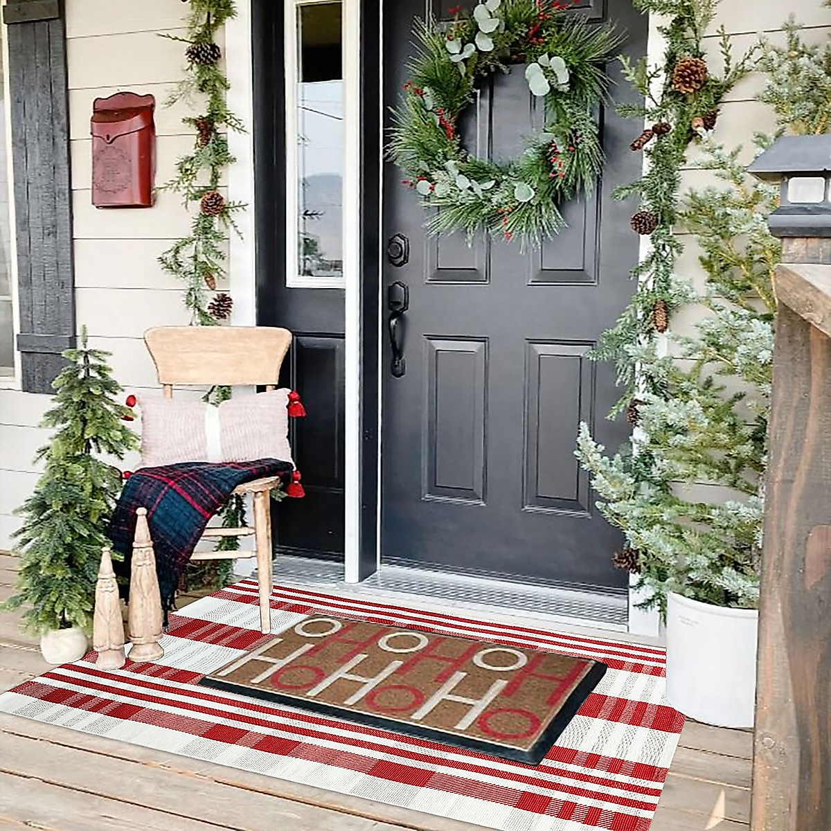 Christmas Door Mat Outdoor 27.5” x 43” Red and White Plaid Rug Christmas Decor Rug Cotton Hand-Woven Layered Door Mats Washable Carpet for Front Porch, Kitchen, Farmhouse, Entryway (27.5” x 43”)