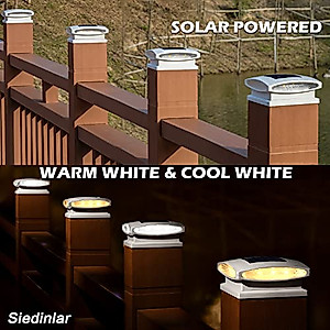 SIEDiNLAR Solar Post Cap Lights Outdoor, 2 Modes 24 LED Powered Fence Deck Light for 4x4 5x5 6x6 Garden Patio Decoration Warm White & Cool White, White (4 Pack)