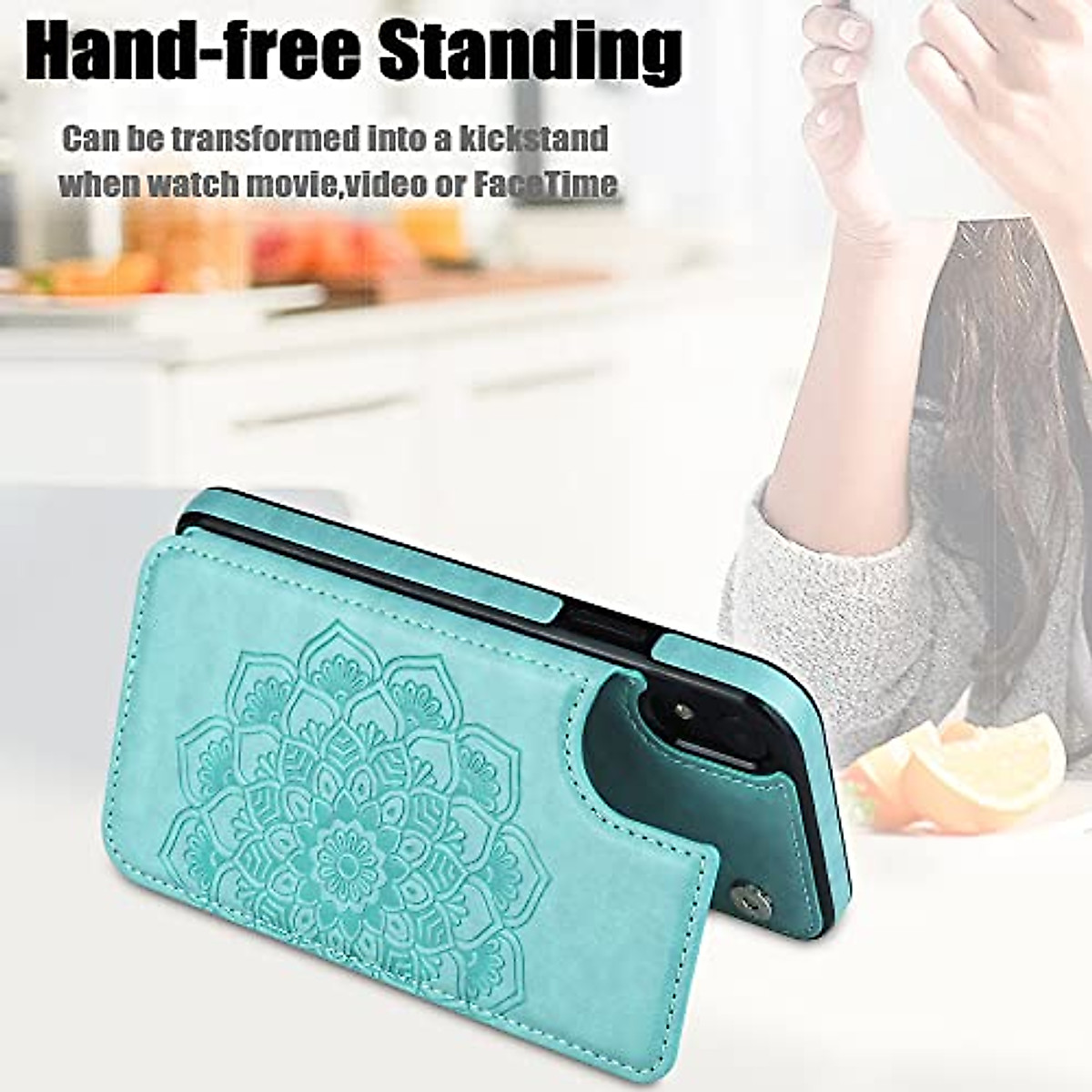 MMHUO for iPhone XR Case with Card Holder, Flower Magnetic Back Flip Case for iPhone XR Wallet Case for Women, Shockproof Protective Case Full Cover Phone Case for iPhone XR,Mint