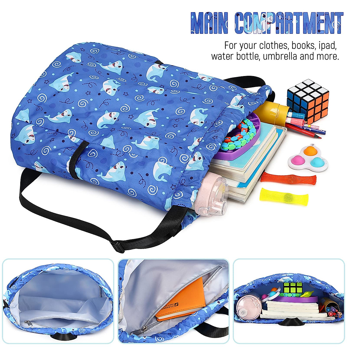 Ryushoyo Children Boy Girl Ocean Shark Print Drawstring Backpack Outdoor Casaul Portable Shoulder Bag Swim Gymsack Sack Pack Dark Blue
