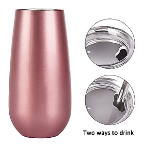 4 Pack Stemless Double Insulated Champagne Flute Tumbler with Lid, 6 Oz Unbreakable Reusable Cocktail Champagne Toasting Glasses, Great Gift for Friends Family Christmas Birthday, Rose Gold