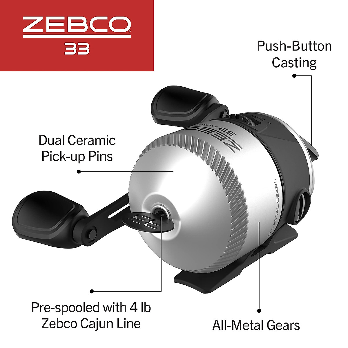 Zebco 33 Micro Spincast Fishing Reel, Size 10 Reel, Changeable Right- or Left-Hand Retrieve, Built-In Bite Alert, Durable All-Metal Gears, Pre-Spooled with 4-Pound Zebco Cajun Line, Silver/Black