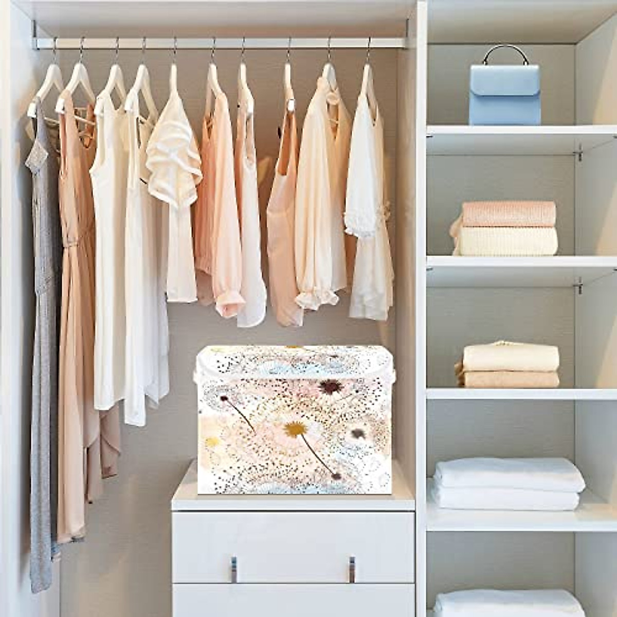 Caikeny Floral Dandelions Storage Basket Storage Bin Box with Lids and Handle Large Collapsible Storage Cube Box for Shelves Bedroom Closet Office 16.5x12.6x11.8 In