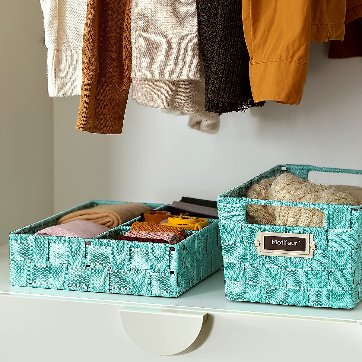 Motifeur Decorative Woven Strap Divided Basket, Bathroom Storage Bins with Compartment, Bedroom Organization Container with 4 Section (Green)