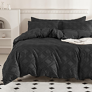 JELLYMONI Black Duvet Cover Full Size - 3 PCS Microfiber Tufted Duvet Cover Set, Boho Textured Duvet Cover Jacquard Rhombus Geometric Pattern Duvet Cover with Corner Ties & Zipper Closure