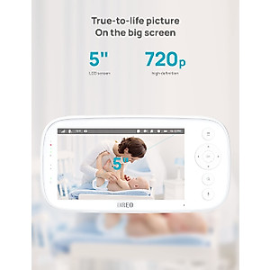 Dreo Baby Monitor, 5 Inches 720P HD Split Screen Video Baby Monitor with Camera and Audio, Infrared Night Vision, 2-Way Talk, Remote PTZ, 1000ft Range, 5000mAh Rechargeable Battery with VOX Mode