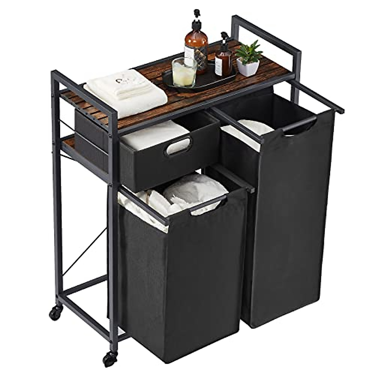 Taiweny Laundry Sorter Rolling Cart, Laundry Hamper with Heavy Duty Wheels, Laundry Basket Organizer with 2 Removable Bags, Drawer & Shelf for Laundry room, Bathroom (Black-Brown)