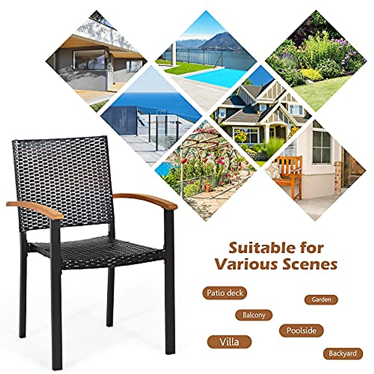 RELAX4LIFE Patio Rattan Dining Chairs Set Wicker Chairs with Steel Frame, Acacia-Covered Armrests Fire Pit Chairs for Porch, Poolside, Balcony, Lawn Indoor&Outdoor Furniture Armrest Chairs Set (4)