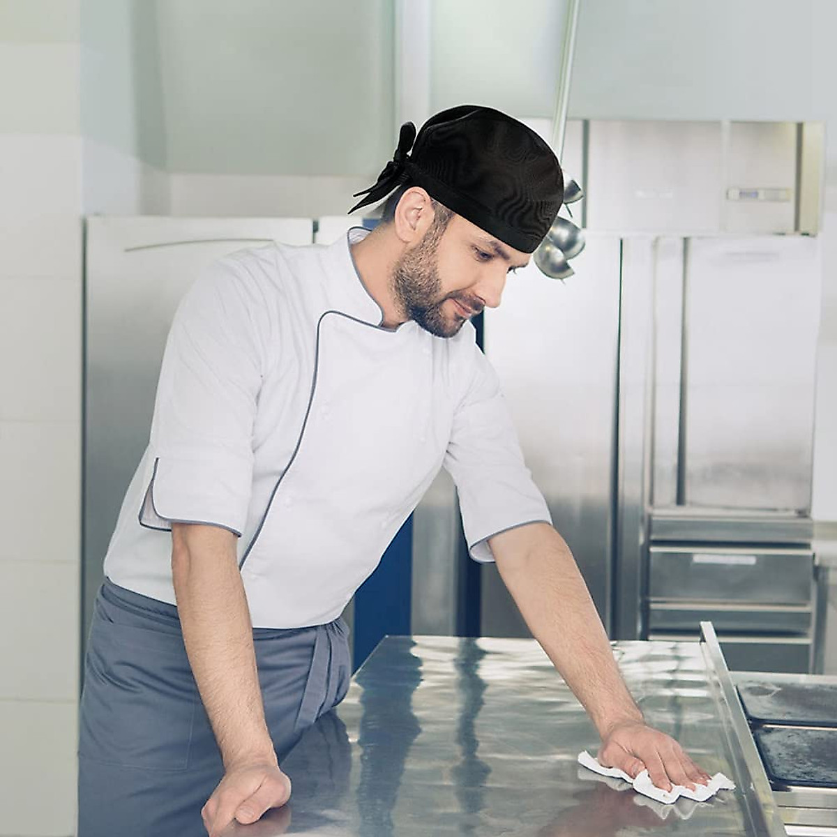 Cabilock Black Chef Hat Cooking Chef Cap: Adjustable Tie Back Food Service Hair Nets Reusable Washable Bouffant Beanie 3pcs