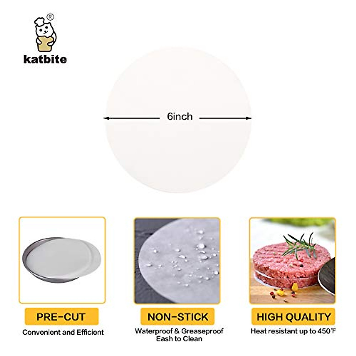 Katbite 6 Inch 200Pcs Parchment Paper Rounds, Round Baking Sheets Paper, Uses for Cake Baking, Patty Separating, Tortilla Wrapping