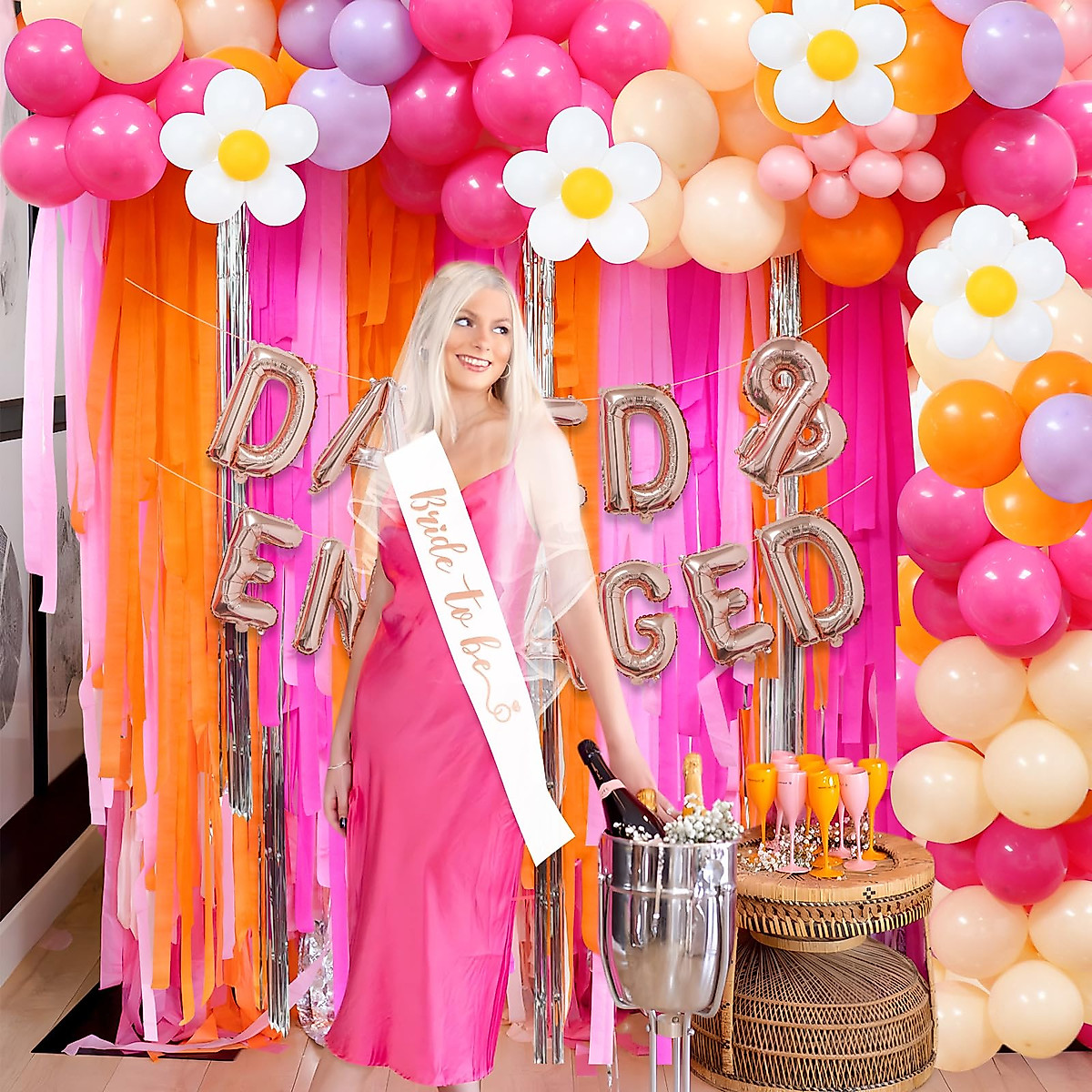 Dazed and Engaged Bachelorette Decorations, 70s Retro Groovy Bachelorette Party Decoration, Pink Orange Daisy Groovy Balloon Arch Bridal Shower Party Fringe Backdrop, Bride to Be Sash and Veil