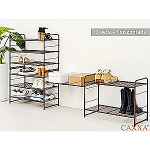 CAXXA Stackable and Expandable Shoe Rack, 3 Shelves Metal Wire Utility Rack, Bronze