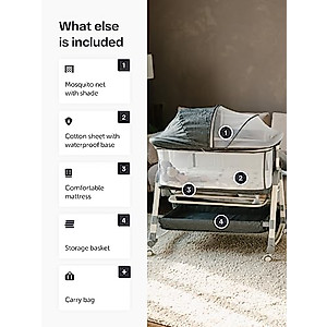 Earth&ME Baby Bassinet Bedside Sleeper with Rocking - All Mesh Portable Bedside Crib for Safe Co-Sleeping, Storage Basket and Wheels, Adjustable Height, Includes Travel Bag, Mosquito Net