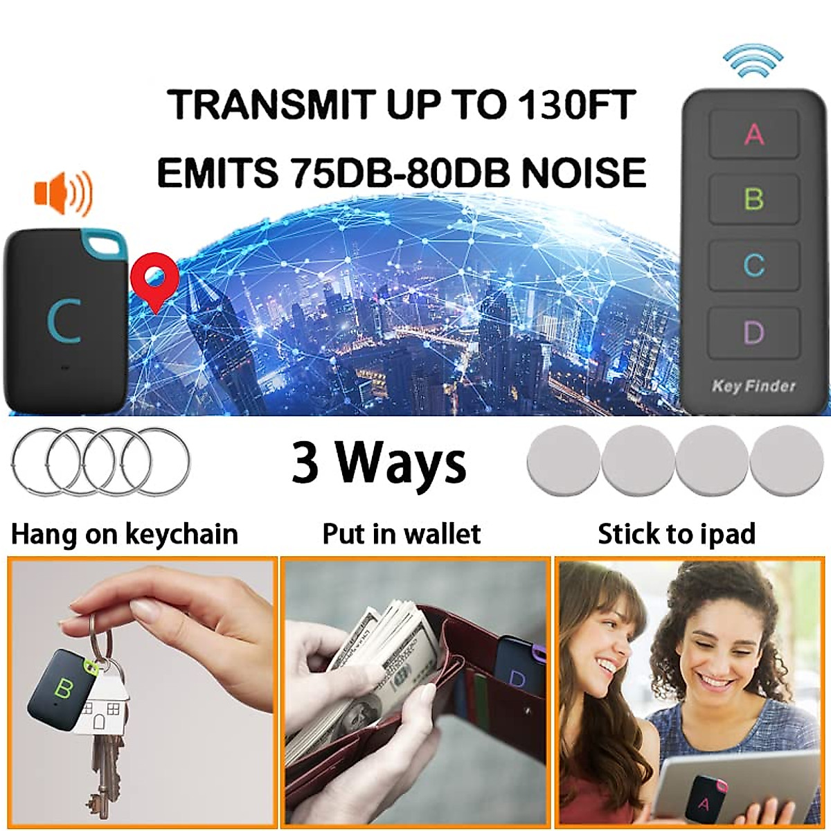 Key Finders eirix RF Item Locator with 1 Transmitter and 4 Receivers, Remote Control Tracker Device for Finding Keys Wallet Pets, Batteries Included