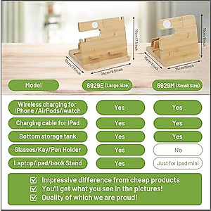 4 in 1 Bamboo Nightstand Wireless Charging Station,Can be Used as a Cell Phone Holder Wooden Desktop Organizer for AirPods, iWatch, Cell Phones, Tablets, Gifts (with Adapter)