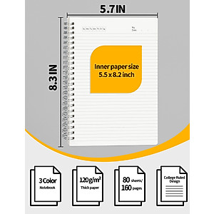 SUNEE 3 Pack Spiral Notebook - A5 Lined Journal Notebook, 120gsm Thick Paper, College Ruled, Giftable Journal for Study and Notes 80 Sheets, 5.7" x 8.3", Blue, Pink, Transparent