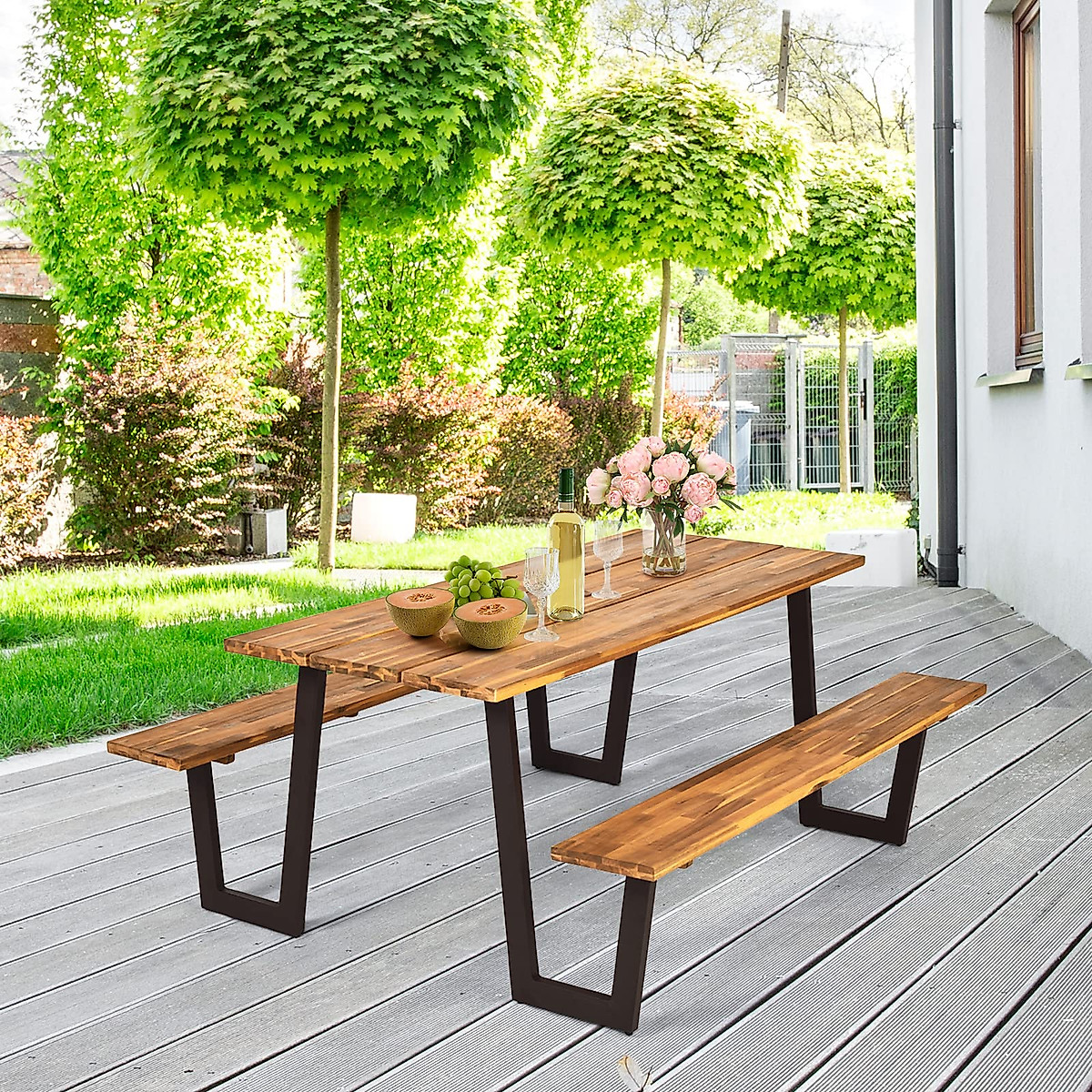 HAPPYGRILL Outdoor Picnic Table Bench Set with Wooden Top & Steel Frame, Patio Dining Picnic Table Set with Umbrella Hole for Garden Backyard