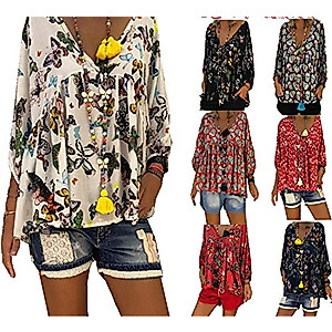 Andongnywell Women's Casual Loose Sleeve V Neck Blouse Top Floral Print Shirt Top Chiffon Shirt Tunics (Multicolor 4,5,XX-Large)