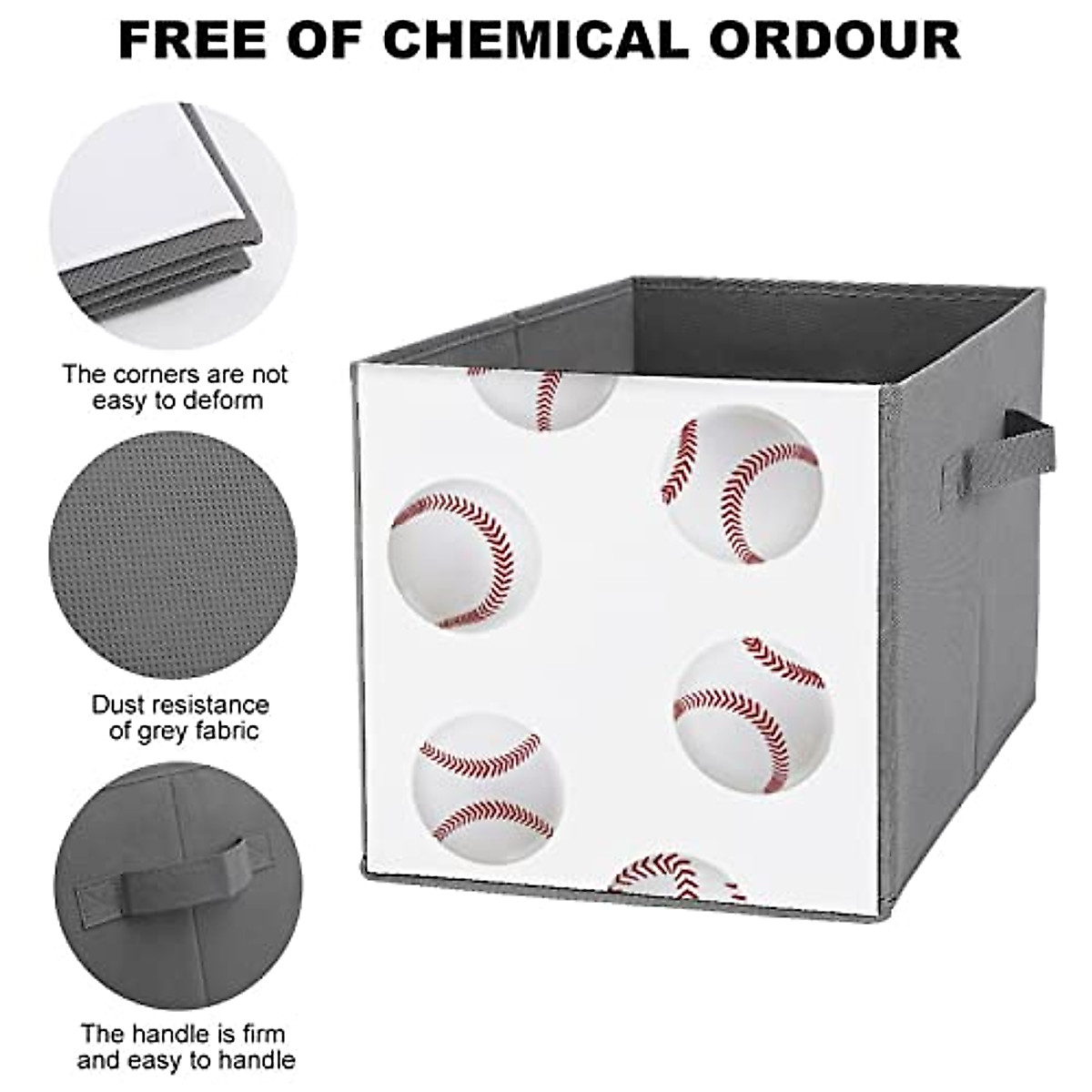 Baseball Leather Ball Storage Bins Cubes Foldable Fabric Organizers with Handles Clothes Bag Book Box Toys Basket for Shelves Closet 10.6"