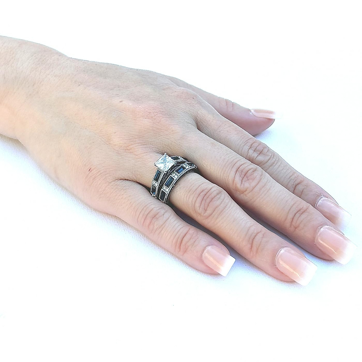 1 Carat Princess Cut CZ/Deep Blue CZ Women's Stainless Steel Wedding Ring Set- Size 10