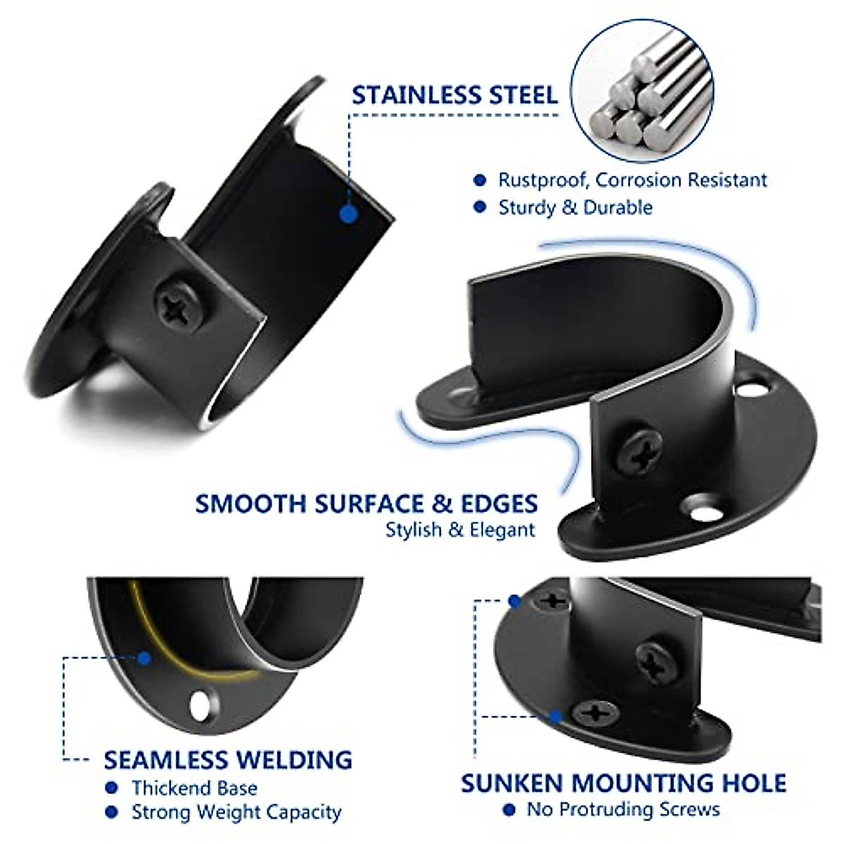 Closet Rod Bracket, (4 Pack) Heavy Duty Closet Rod Support Black Stainless Steel Closet Shower Rod Holders 1 1/4 Inch Closet Pole Holder Sockets U Shaped Wardrobe Brackets Flange Rod Holder End Caps