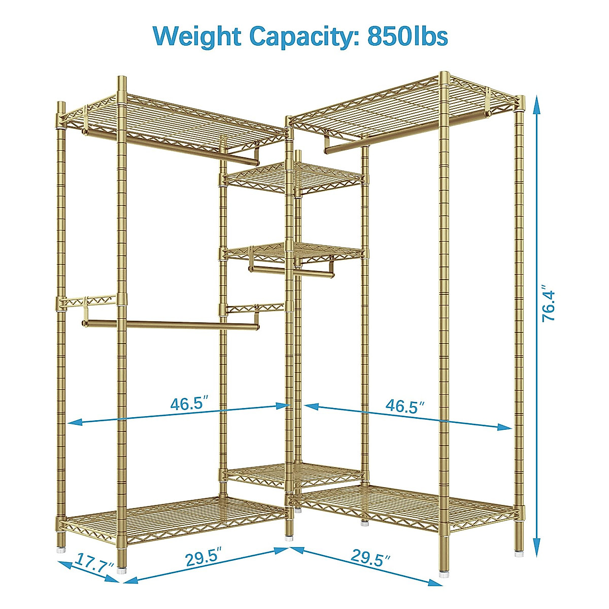 VIPEK L6 L Shaped Clothes Rack Heavy Duty Clothing Rack for Corner, 5-Tier Wire Garment Rack Metal Freestanding Closet with Adjustable Shelves, 46.5" L x 46.5" W x 76.4" H, Max Load 850LBS, Gold