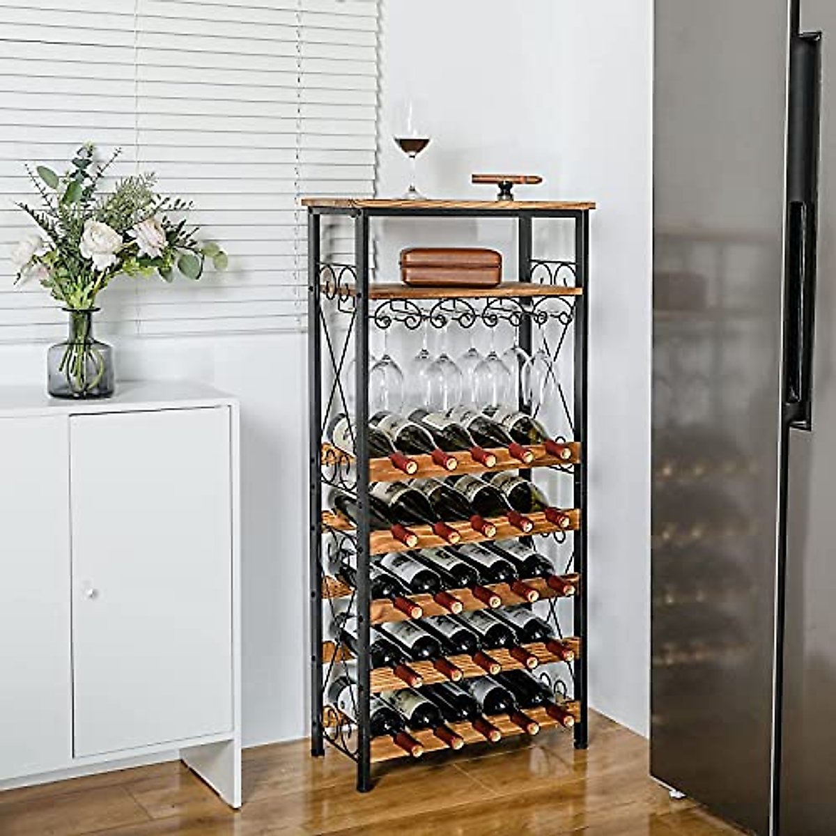 Floor Wine Rack 25 Bottles with Wine Glass Holder Rack, Freestanding Wine Rack with Table Top and Open Shelf, Wobble-Free Wine Bottle Organizer Shelf, Wine Display Storage Stand for Kitchen Pantry Bar