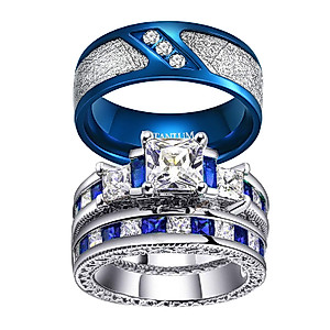 LOVERSRING 3pc Couple Ring Bridal Sets Women White Gold Plated Blue Sapphire Cz Man Titanium Band Wedding Ring for Him and Her